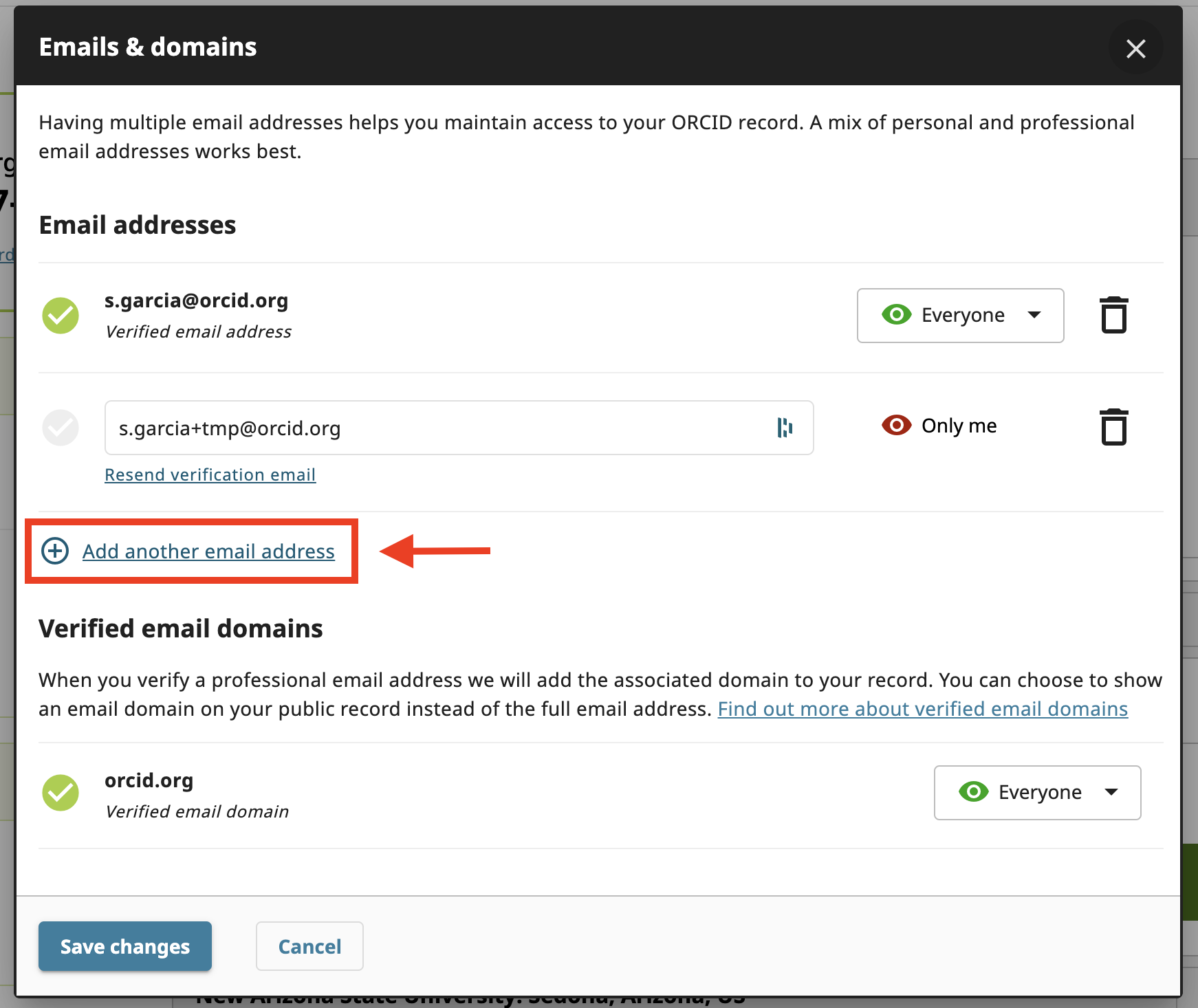 Managing associated email addresses – ORCID